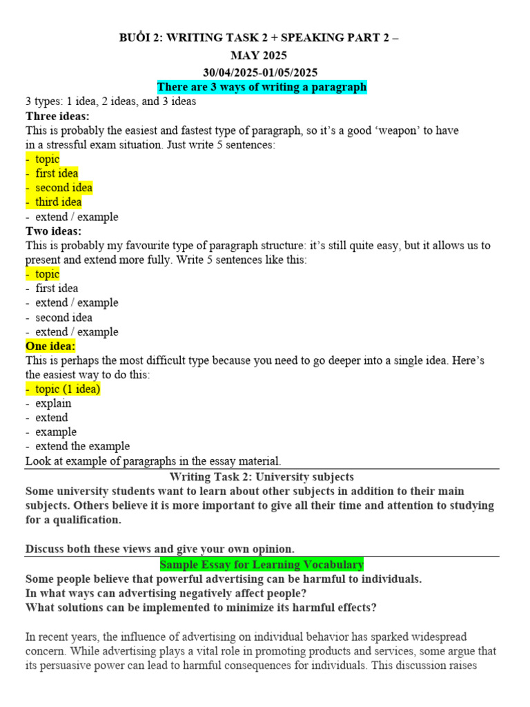 Buổi 2 - Writing Task 2 - Speaking Part 2 - Tháng 05-2025 | PDF ...