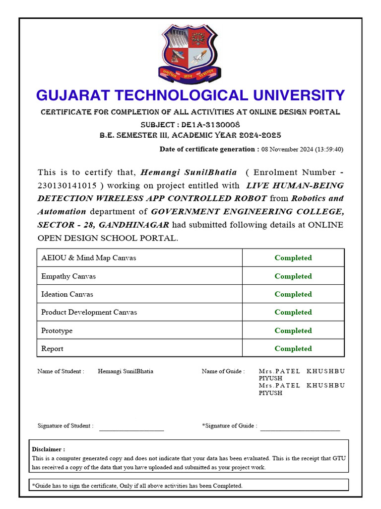 GTU Project Completion Certificate 2024 | PDF
