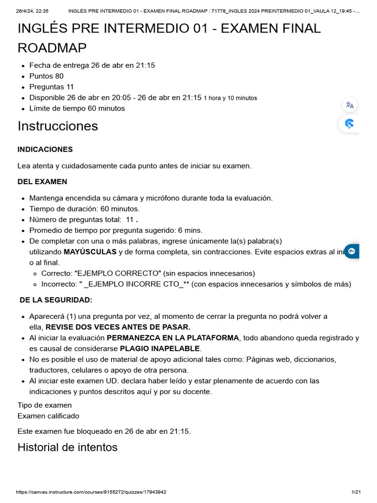 Inglés Pre Intermedio 01 - Examen Final Roadmap - 71778 - Ingles 2024 ...