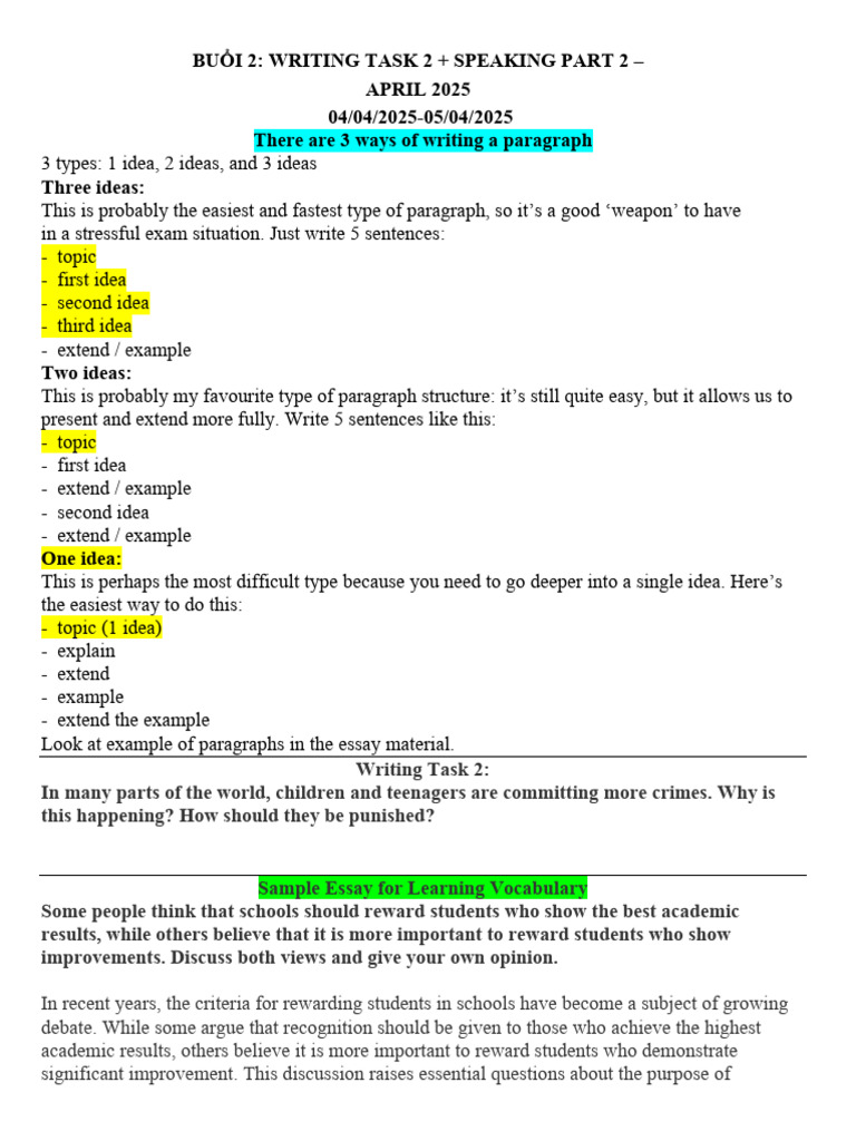 Buổi 2 - Writing Task 2 - Speaking Part 2 - Tháng 04-2025 | PDF ...