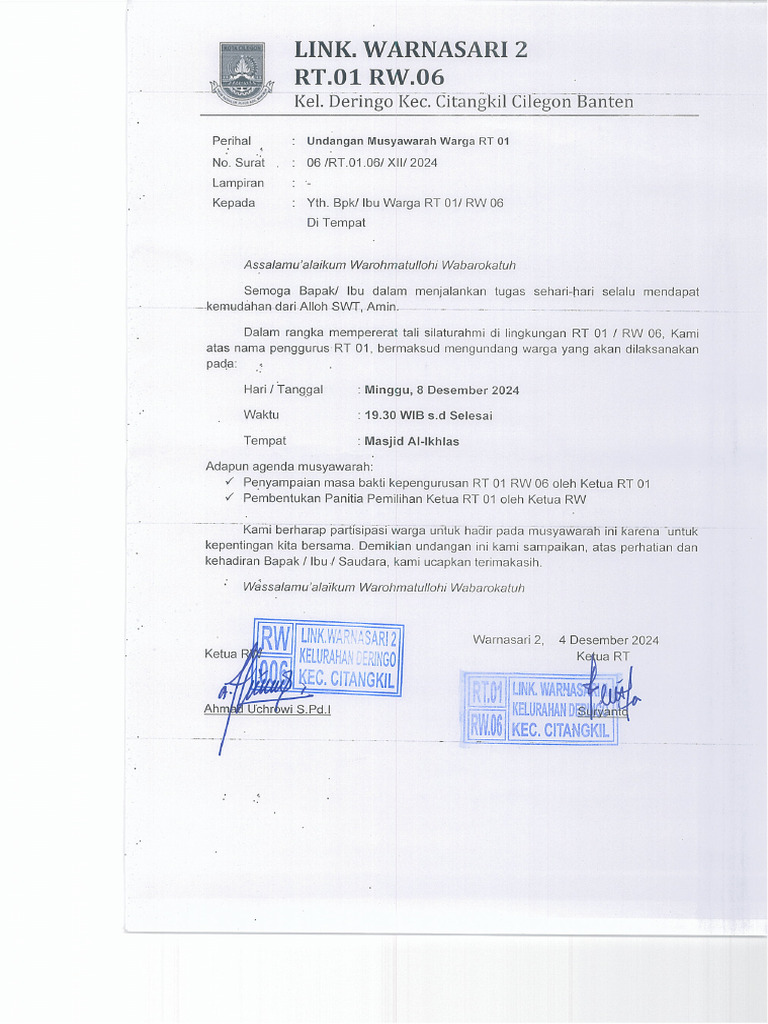 Undangan Musyawarah Warga RT.01 | PDF