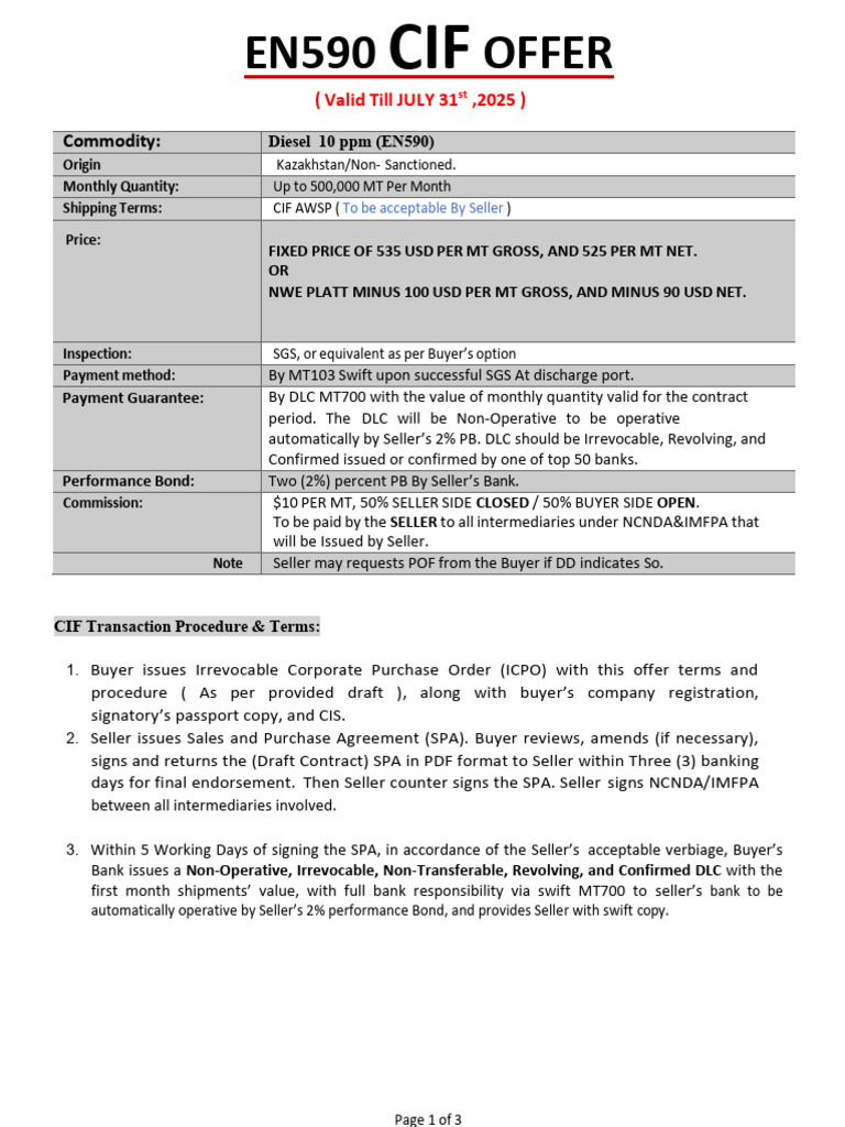 EN590 Diesel CIF Offer - July 2025 | PDF | Bill Of Lading