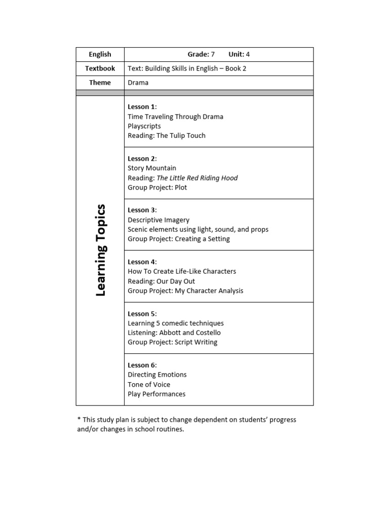 Grade 7 - Unit 4 - Study Plan | PDF