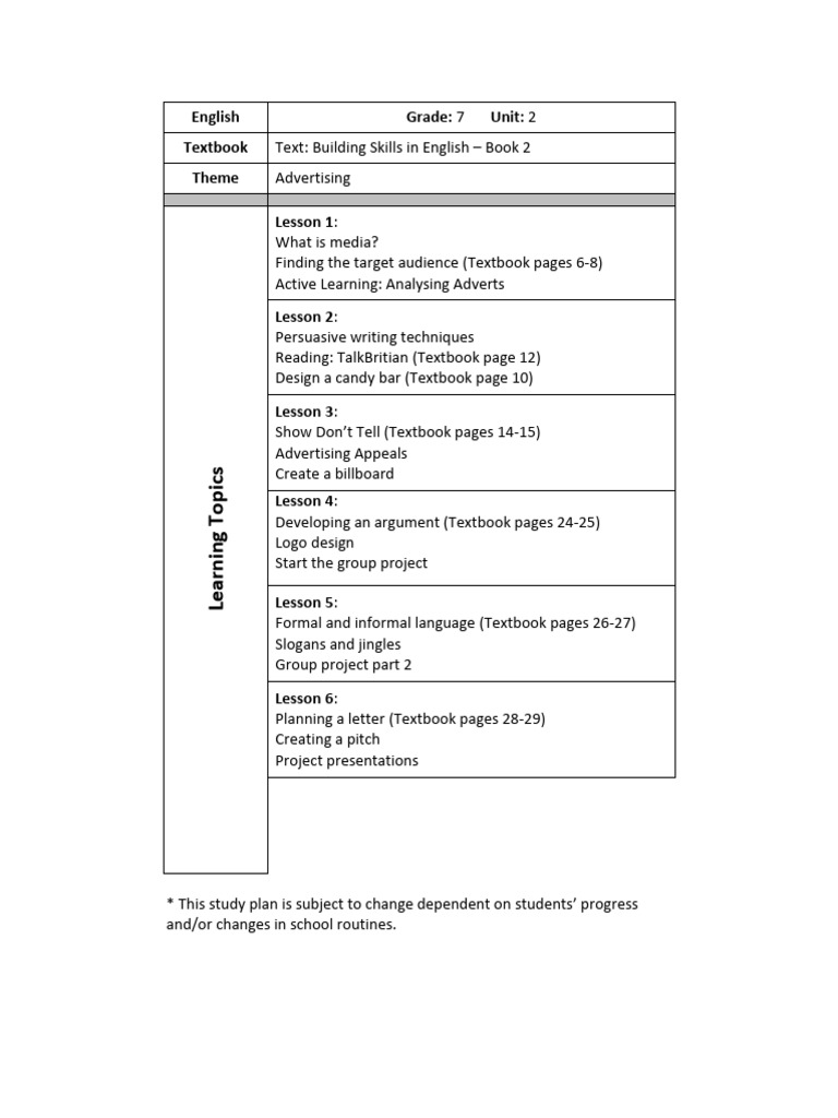 Grade 7 - Unit 2 - Study Plan | PDF