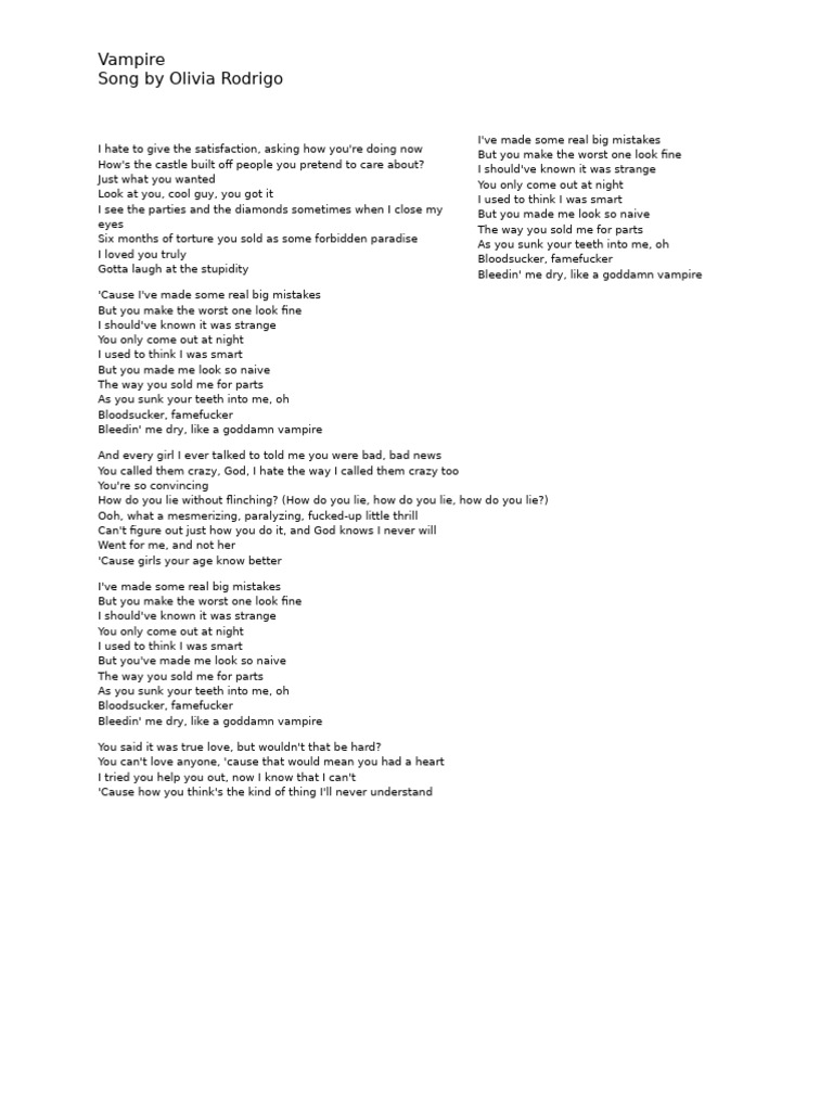 Vampire by Olivia Rodrigo Lyrics | PDF
