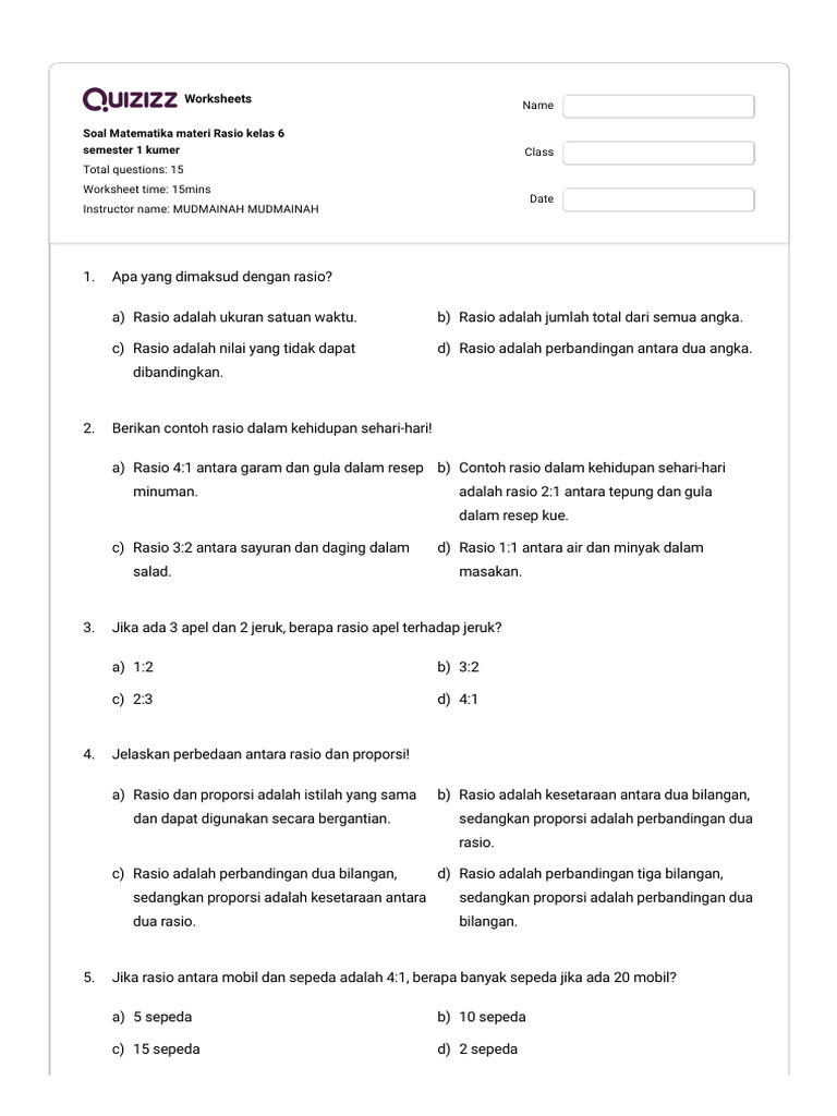 Soal Matematika Materi Rasio Kelas 6 Semester 1 Kumer - Quizizz | PDF