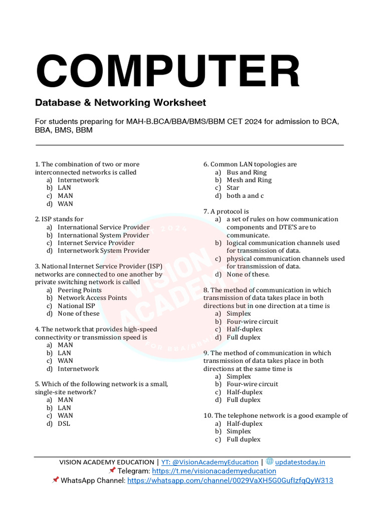 Day 36 Computer Database and Networking Worksheet Vision Academy | PDF ...