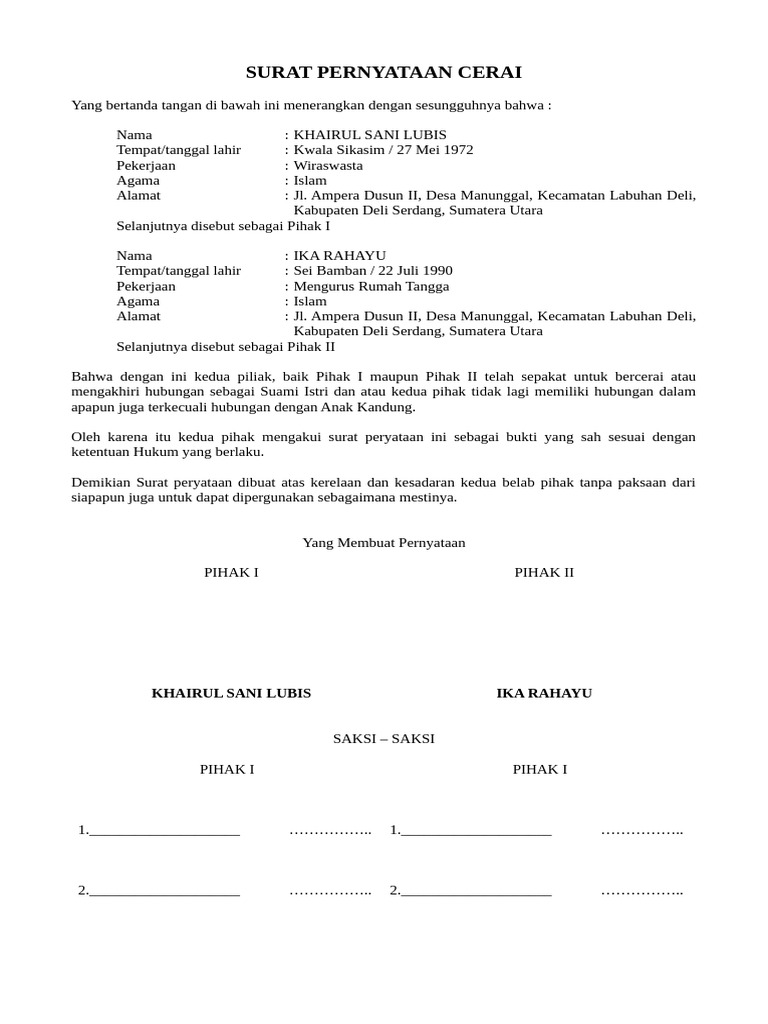 Surat Pernyataan Cerai | PDF