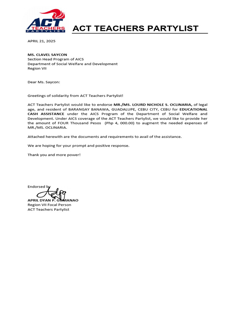 Endorsement Eduk Oclinaria | PDF