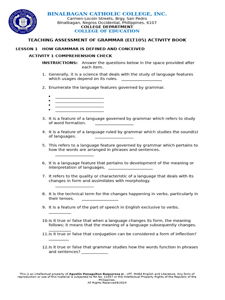 Teaching Assessment of Grammar Activity Book Final | PDF | Verb ...