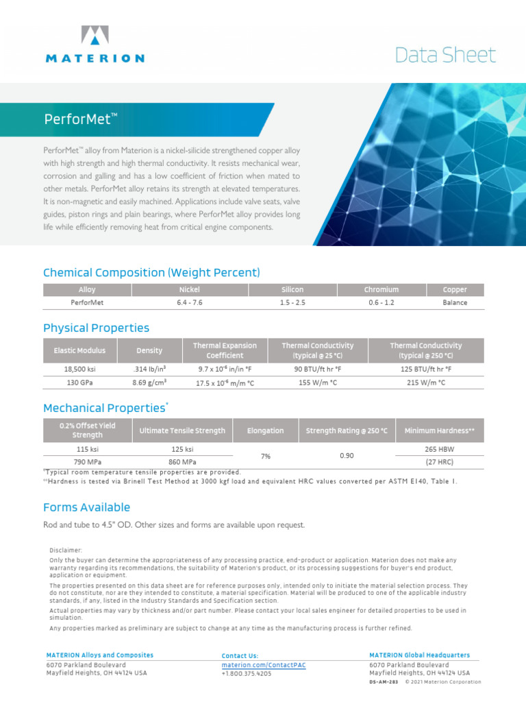 Performet Alloy Data Sheet | PDF | Strength Of Materials | Alloy
