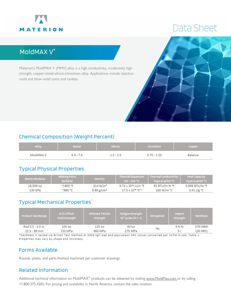 Moldmax V Alloy Data Sheet | PDF | Strength Of Materials | Hardness