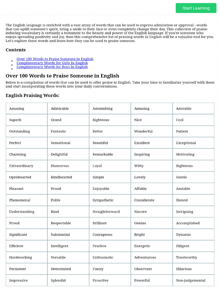 Praising Words in English - Vocabulary Enhancement | PDF