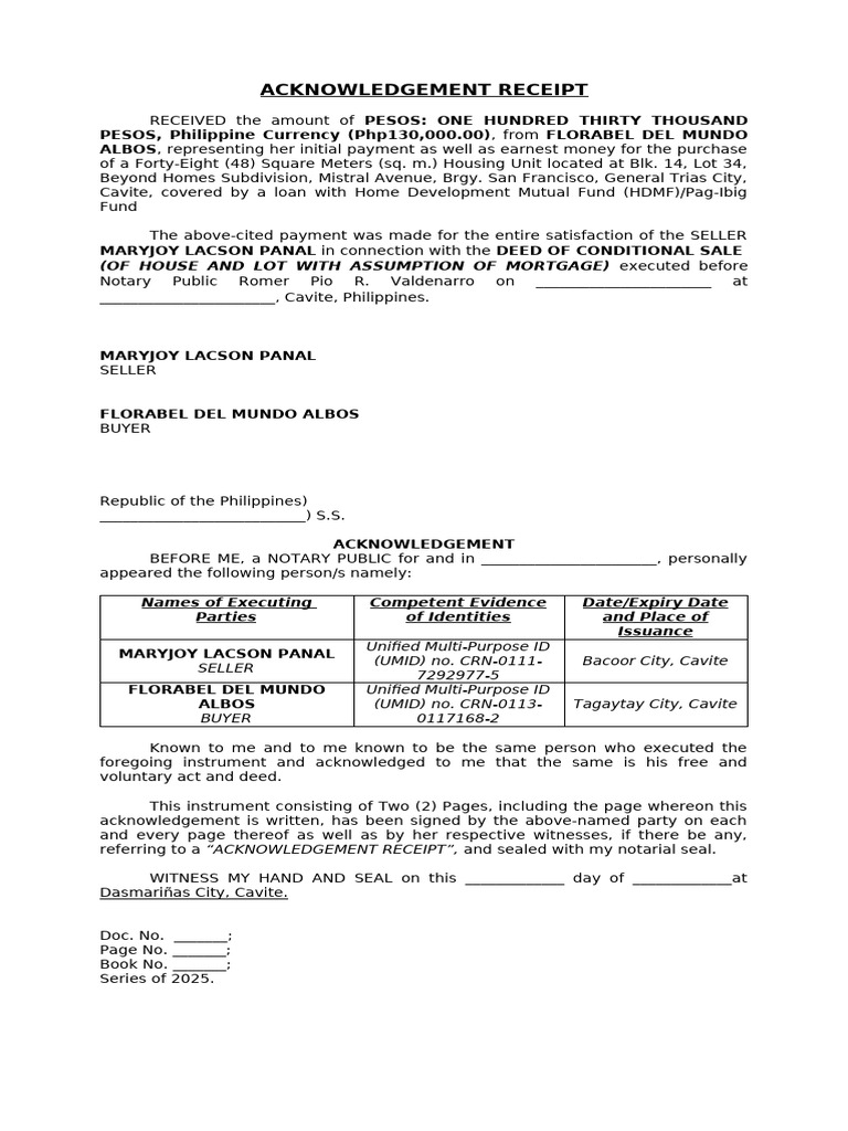 Acknowledgement Receipt - Parcel of Land - With Spa | PDF