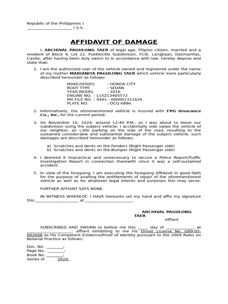 Affidavit of Damage - Car Self-Sustained Accident - Taer | PDF ...