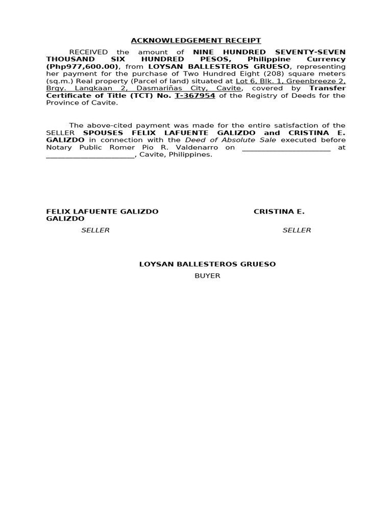 Acknowledgement Receipt - Parcel of Land | PDF | Common Law | Property Law