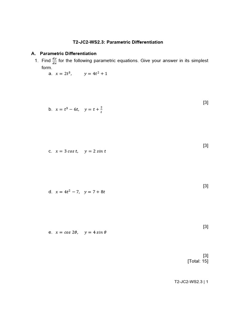 T2 JC2 WS2.3 Parametric Differentiation | PDF