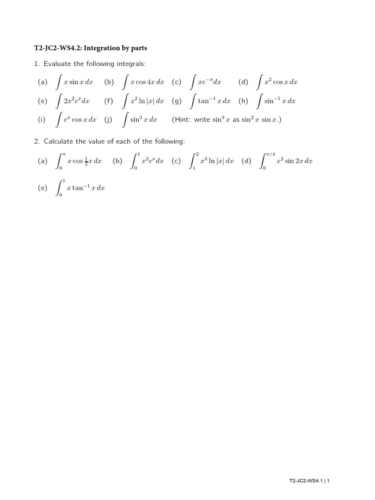 T2-JC2-WS4.1 Integration by Parts | PDF