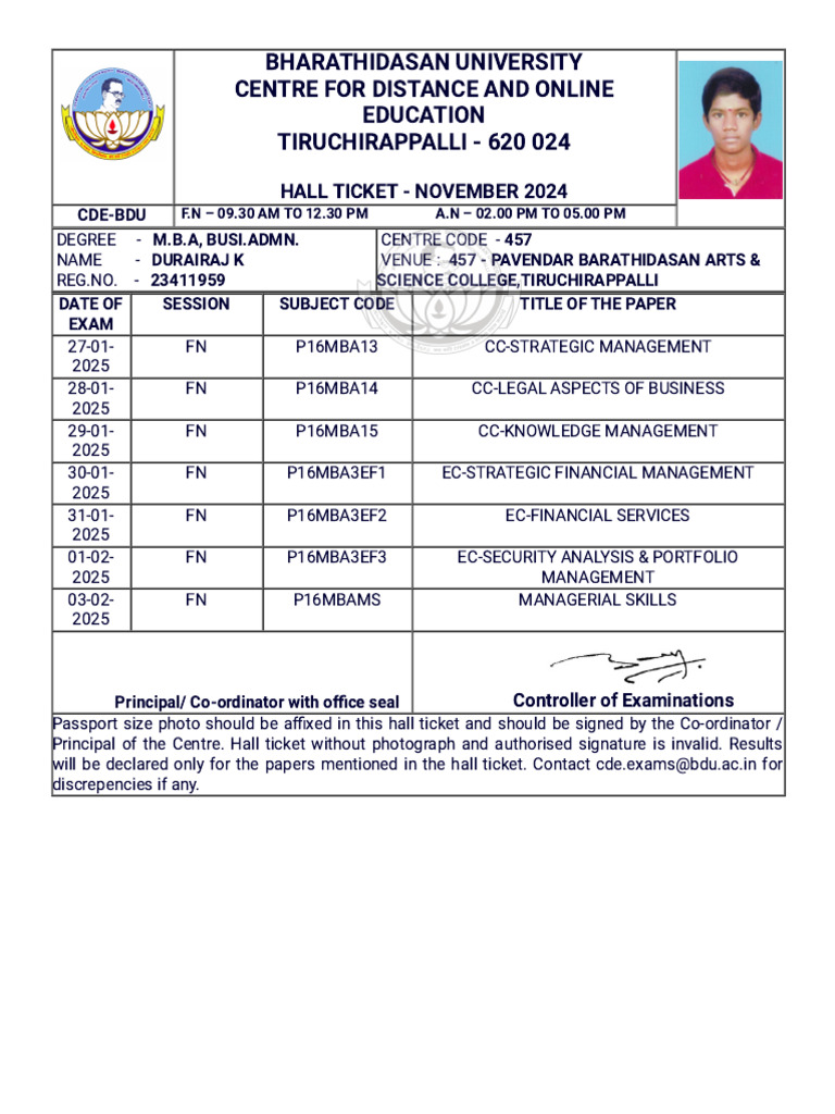 BDU Hall Ticket Download for 2025 Exams | PDF