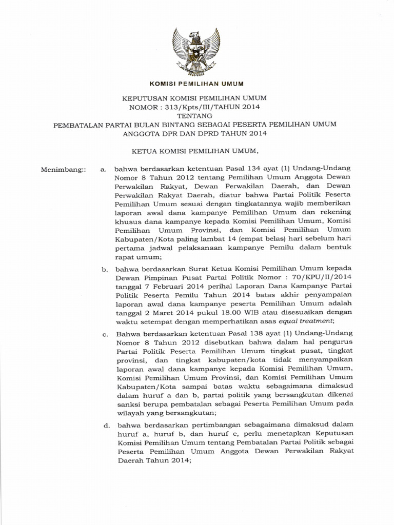 Kpts Kpu No 313 Tahun 2013 TTNG Pembatalan PBB Sebagai Peserta Pemilu ...