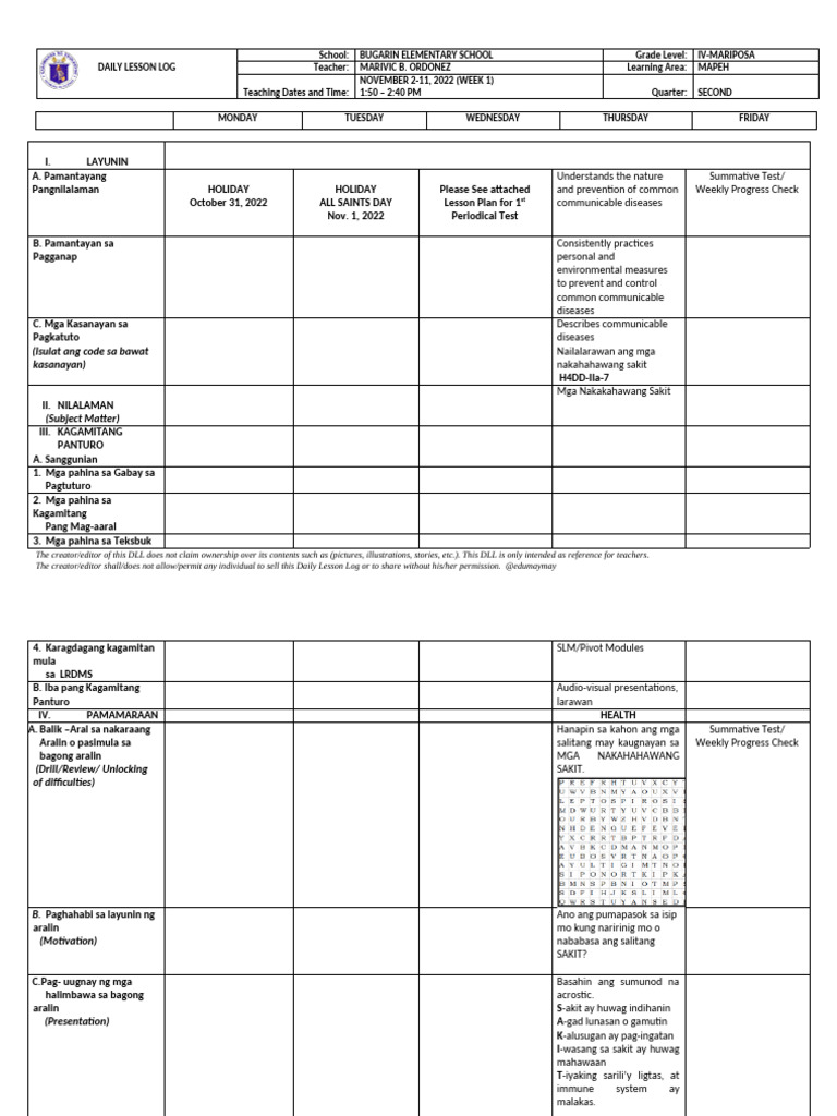 DLL Mapeh-4 Q2 W1 Nov.-2-42022-Exam | PDF