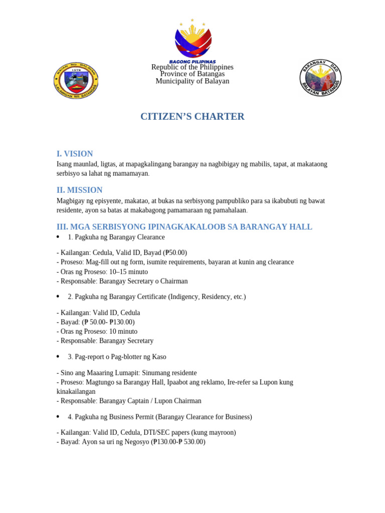 Citizens Charter Barangay Dao | PDF