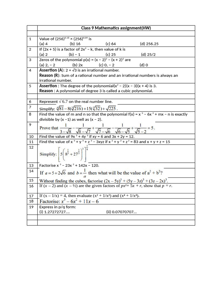Class 9 Mathematics Assignment (HW) | PDF