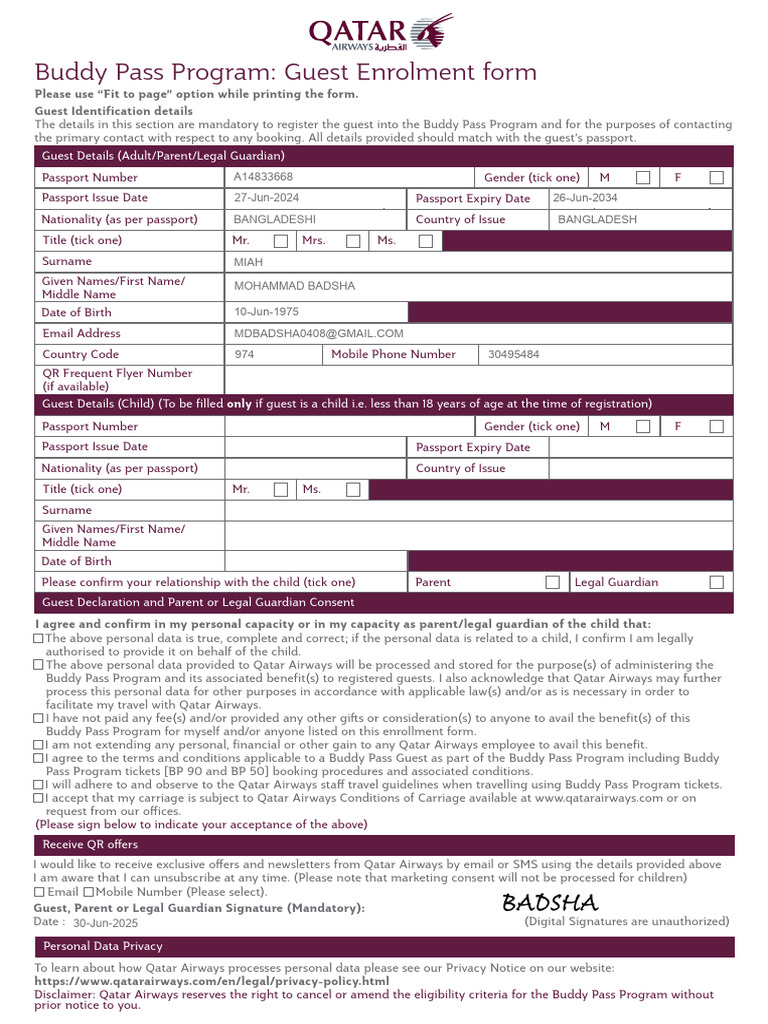 Qatar Airways Buddy Pass Enrolment Form | PDF | Identity Document ...