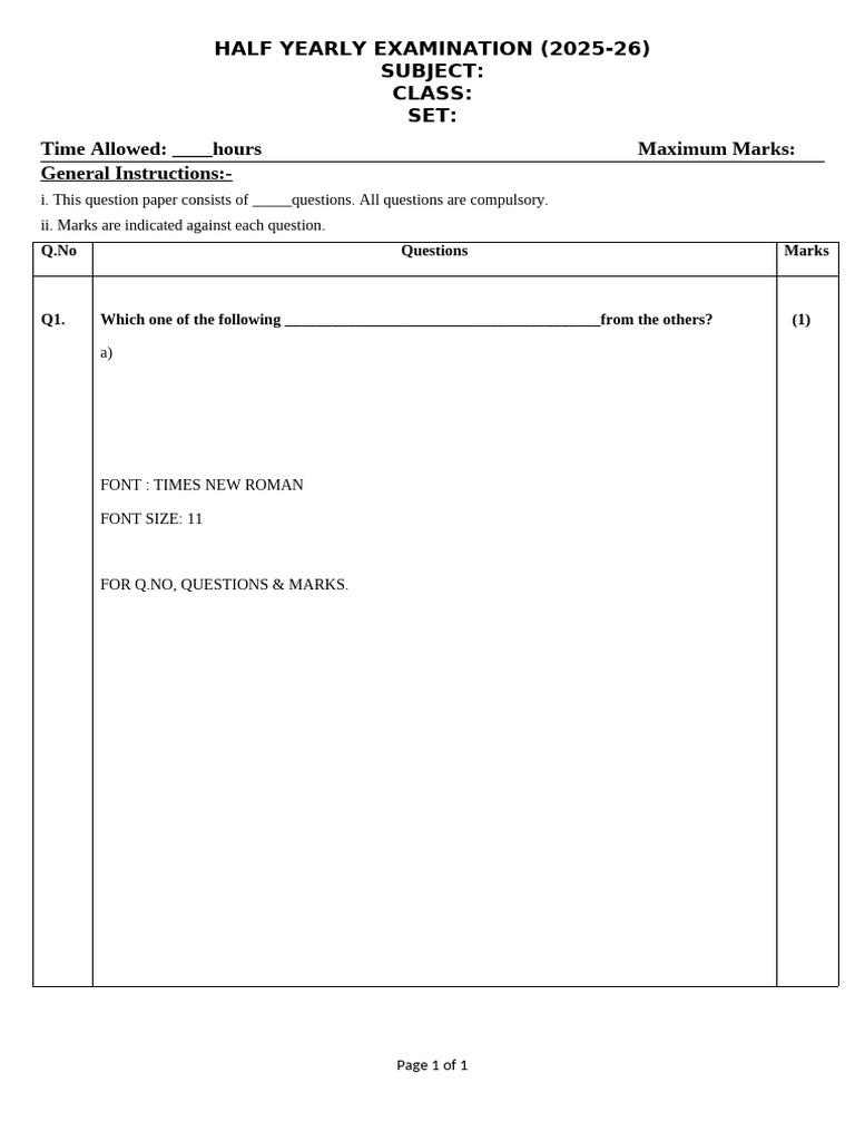 H y Question Paper Format For 3 To 8 (2025-26) | PDF