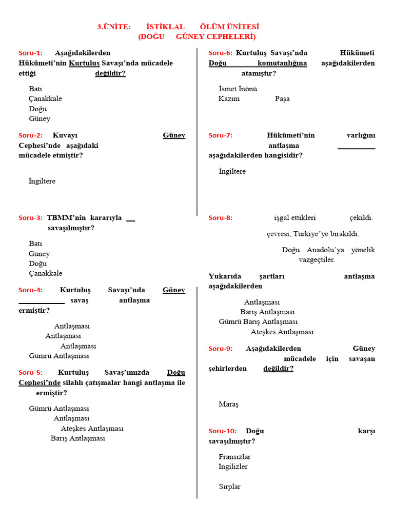 8.sinif 3.unite Ya Istiklal Ya Olum Test 1 | PDF