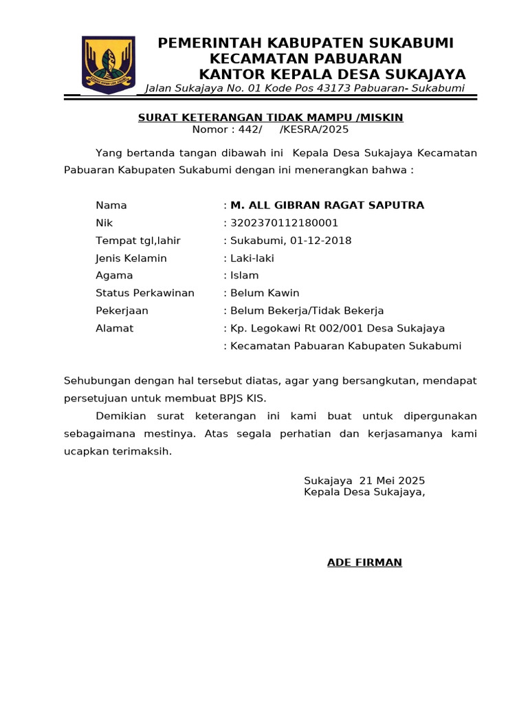 Surat Keterangan Tidak Mampu Kis | PDF