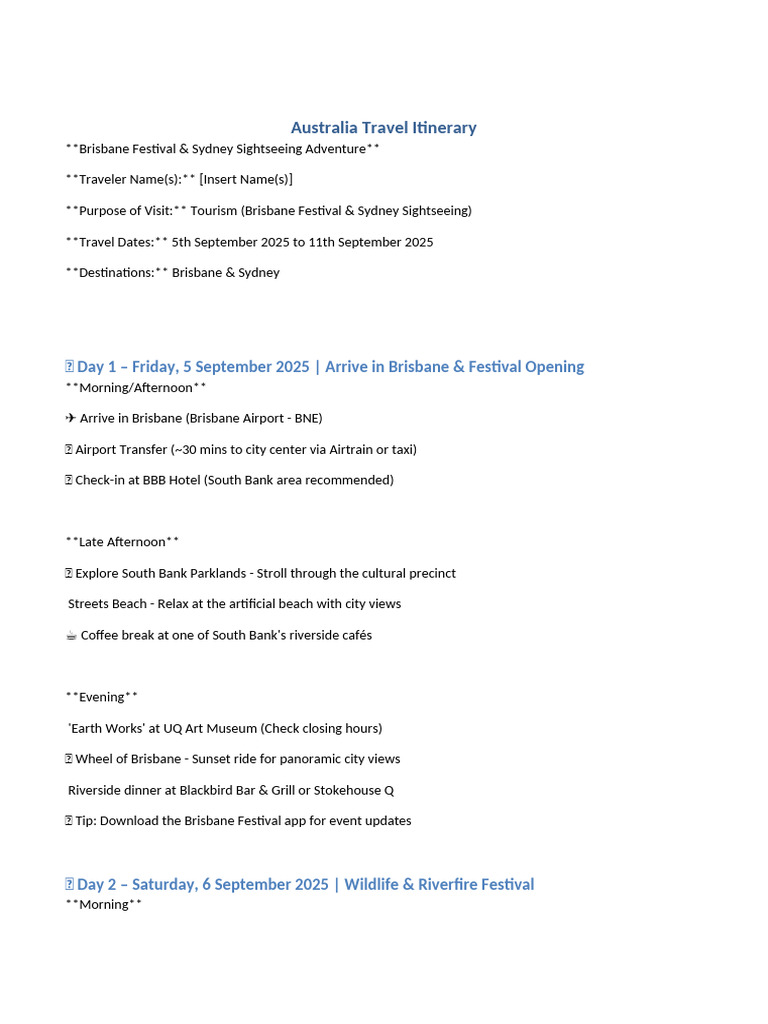Australia Travel Itinerary Visual | PDF | Brisbane | Sydney