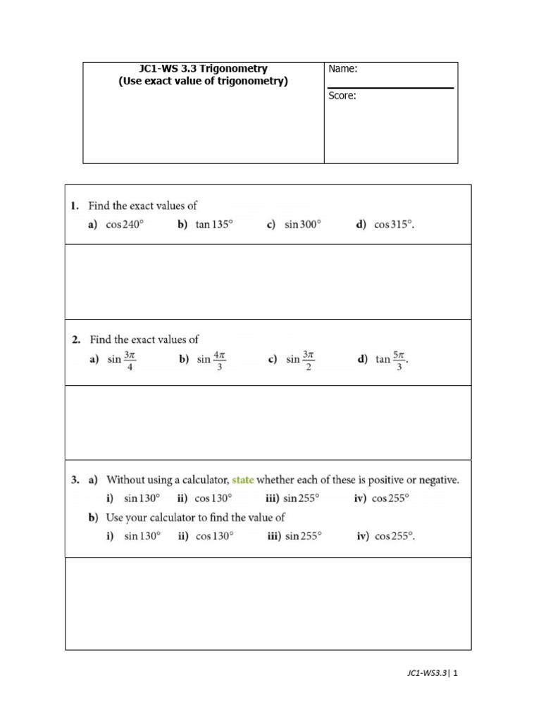 JC1-WS3.3 Exact Value of Trigonometric Function | PDF