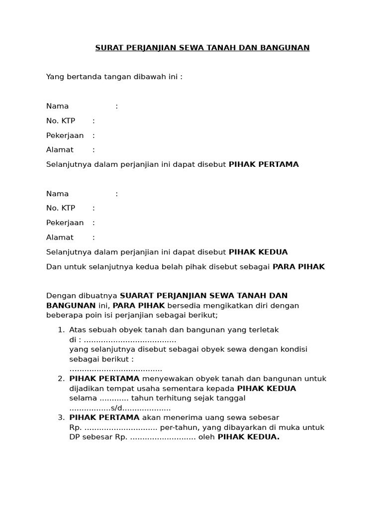 Surat Perjanjian Sewa Tanah dan Bangunan | PDF
