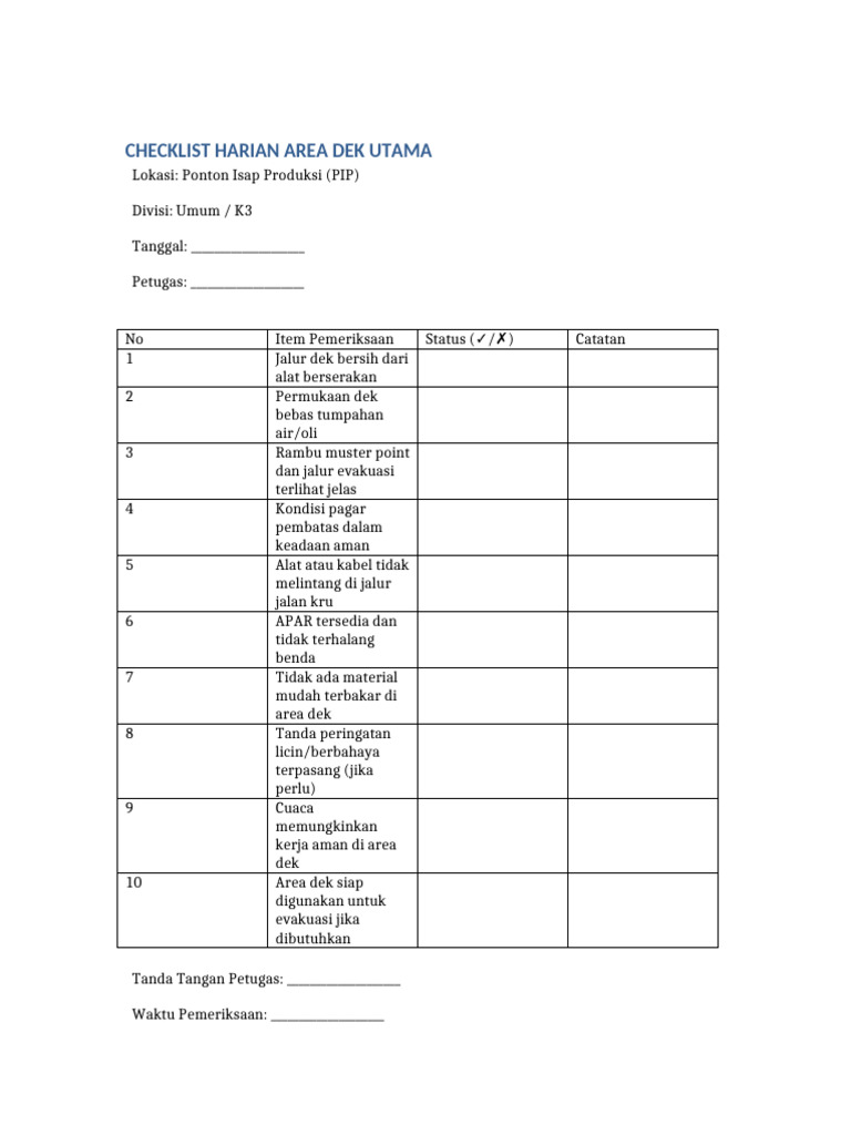 Checklist Harian Dek Utama | PDF
