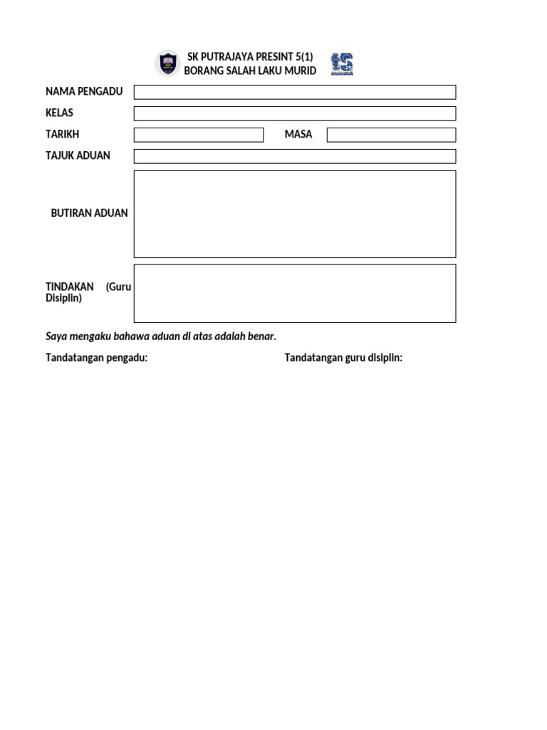 Borang Aduan Salah Laku Murid | PDF