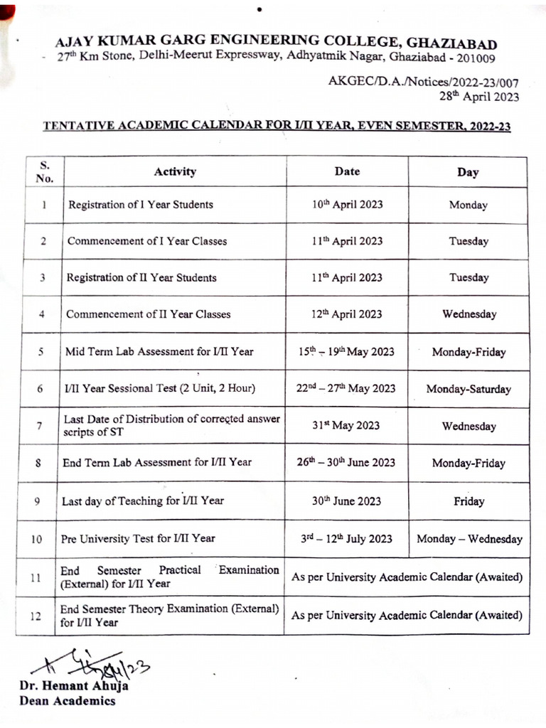 Academic Calendar 1 2 Year 2022 23 Even | PDF