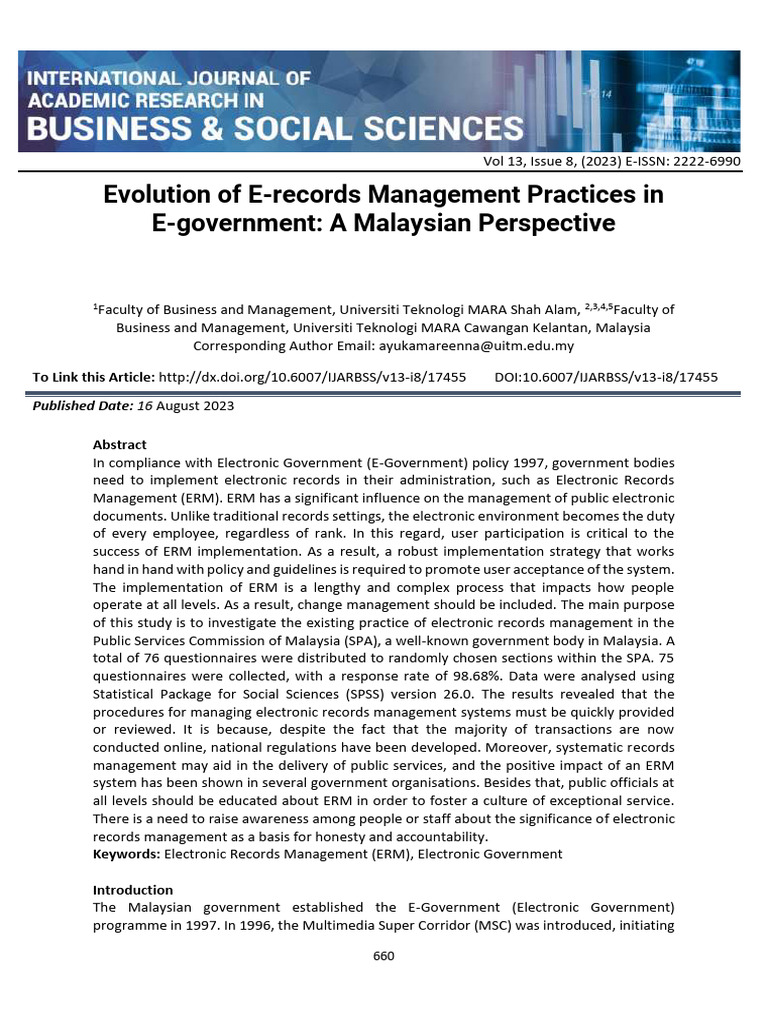 Evolution of e Records Management Practices in e Government A Malaysian ...