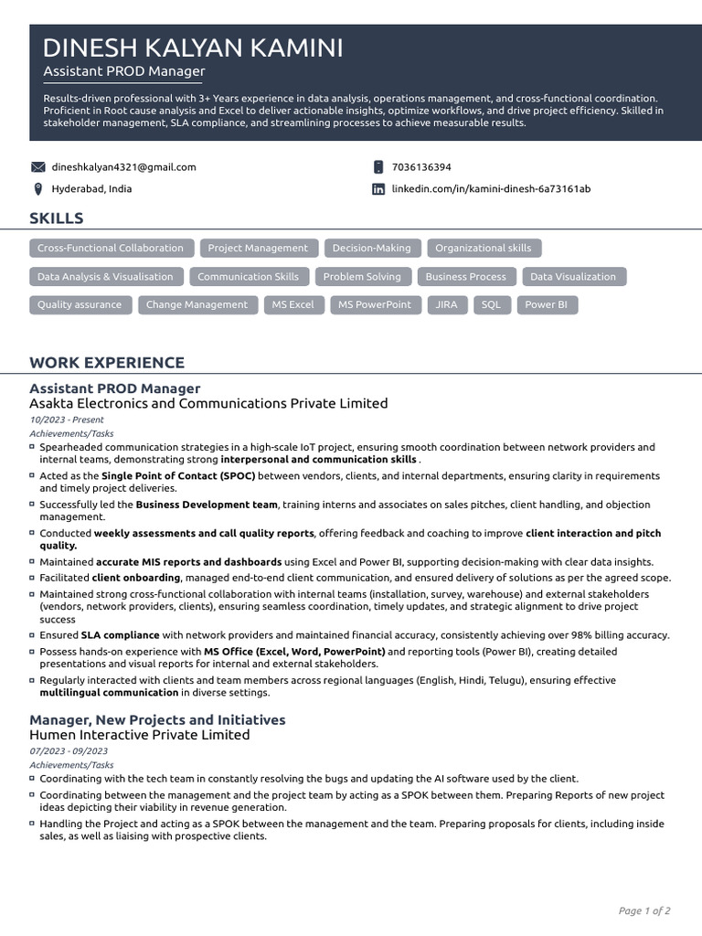 Dinesh Kalyan Kamini - Resume | PDF | Communication | Microsoft Excel