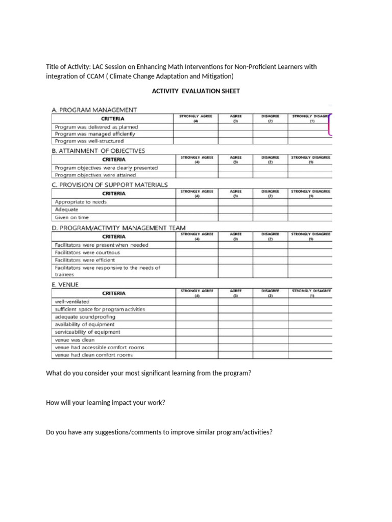 Activity Evaluation Sheet | PDF