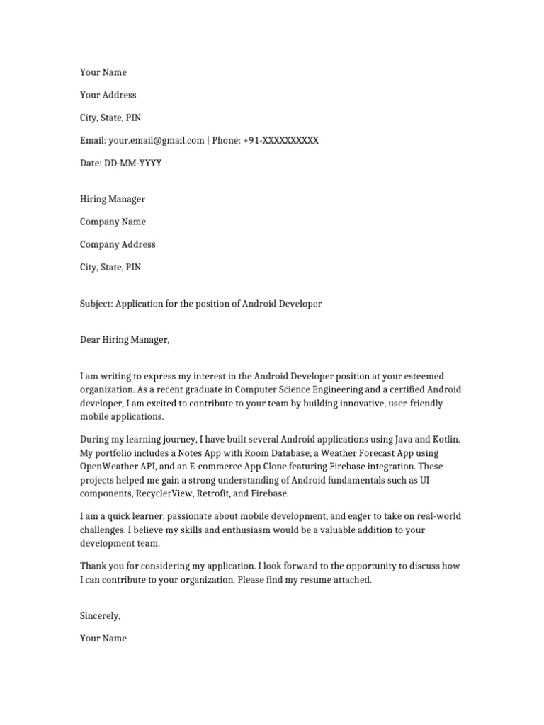 Android Developer Cover Letter Template | PDF