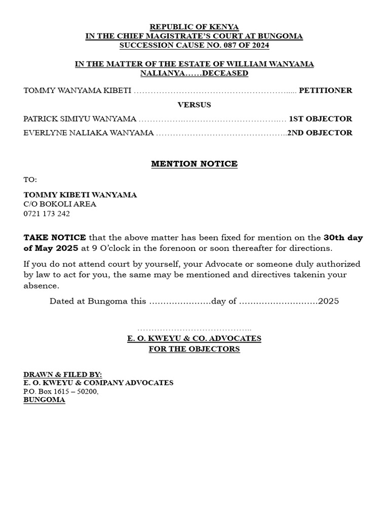 Bungoma Court Mention Notice: Estate of Wanyama | PDF