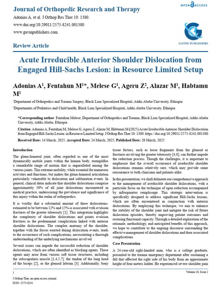 Acute Irreducible Anterior Shoulder Dislocation From Engaged Hill Sachs ...