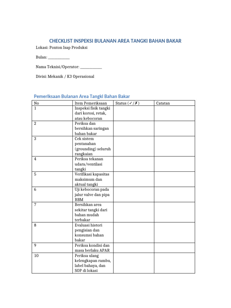 Checklist Inspeksi Bulanan Tangki BBM | PDF