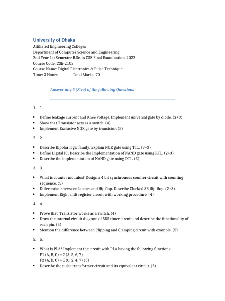 Digital Electronics Question Paper 2022 | PDF
