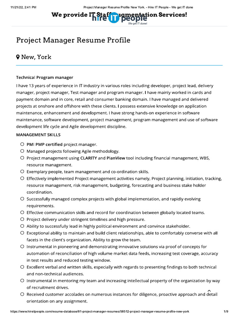 Project Manager Resume Profile New York | PDF