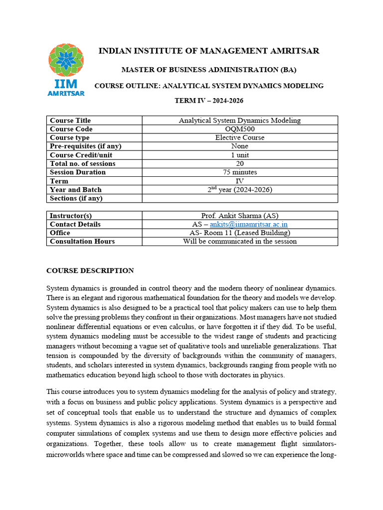 System Dynamics Modelling Course Outline 2025 | PDF | Mathematical Model | Simulation