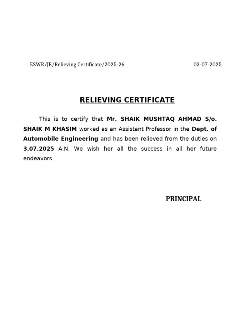 Relieving Certificate Ahmad | PDF