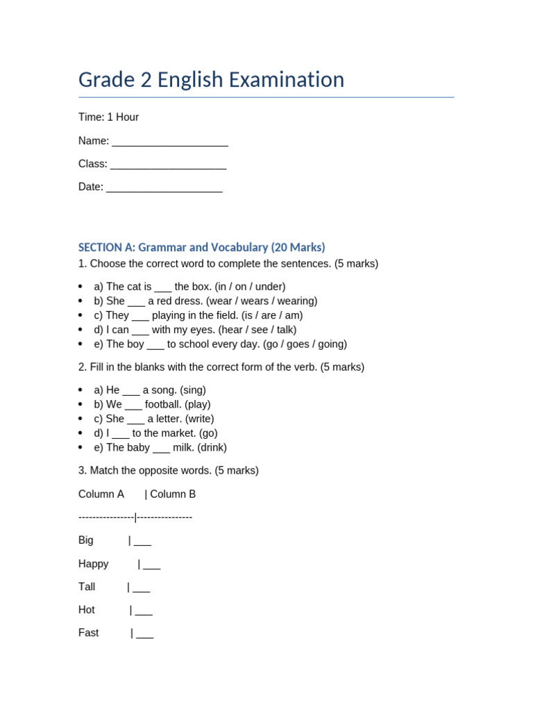 Grade 2 English Exam Overview | PDF