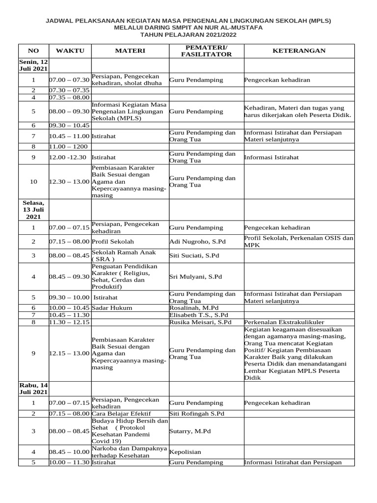 Jadwal Mpls Daring Smpit an Nur Al-mustafa New | PDF
